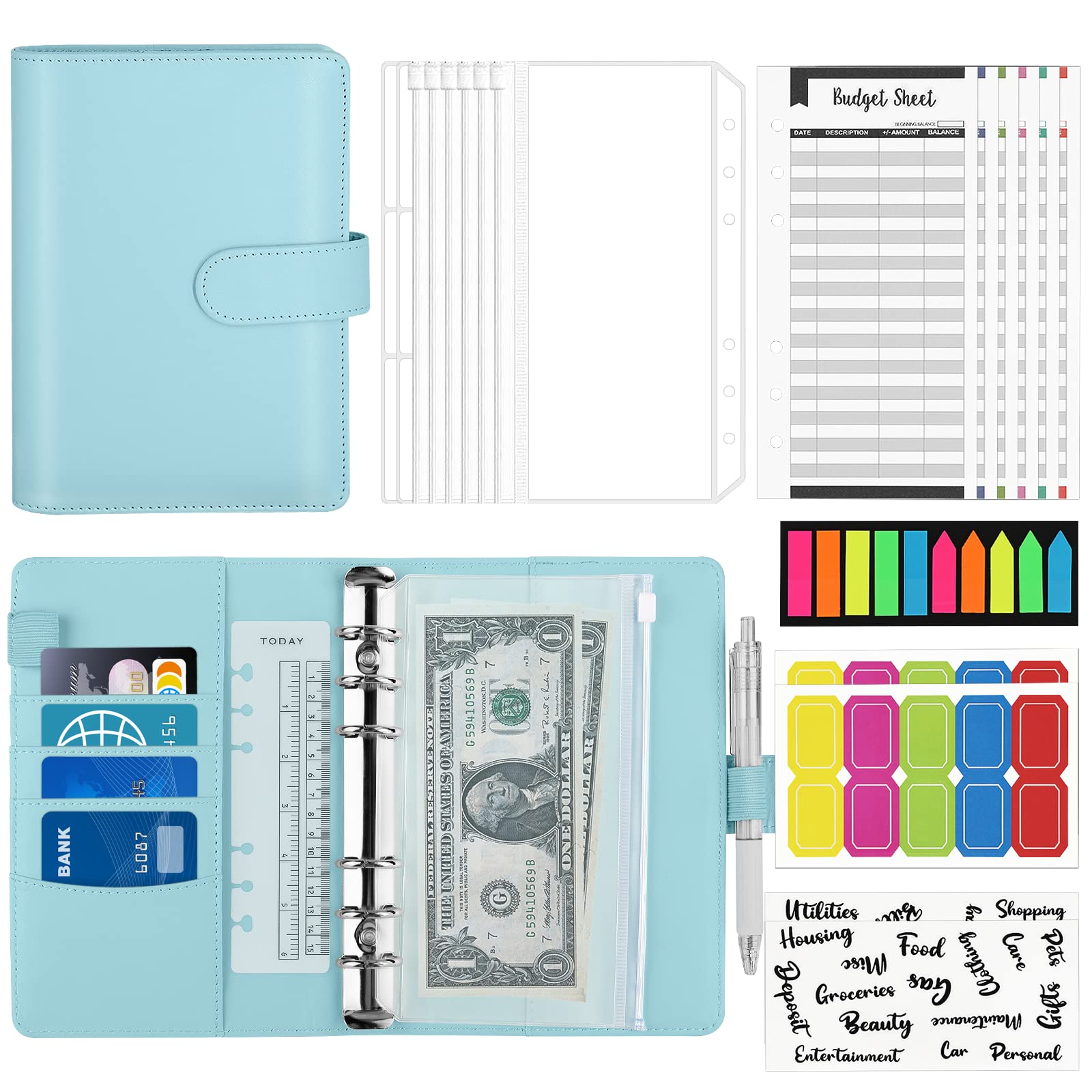 Smarpau Budget Binder with Zipper Envelopes, Money Organizer for Cash, A6 PU Leather Money Saving Binder with 6pcs Binder Pockets & 2pcs Card Sleeves, 12pcs Budget Sheets & 200pcs Sticky Tabs, Blue