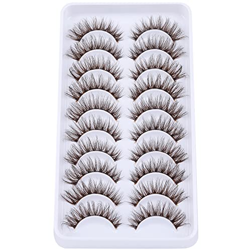 Ruairie Brown Lashes Natural Look False Eyelashes Cat Eye Natural Lashes Clear Band 14MM Fluffy Wispy False Lashes Strip 10 Pairs
