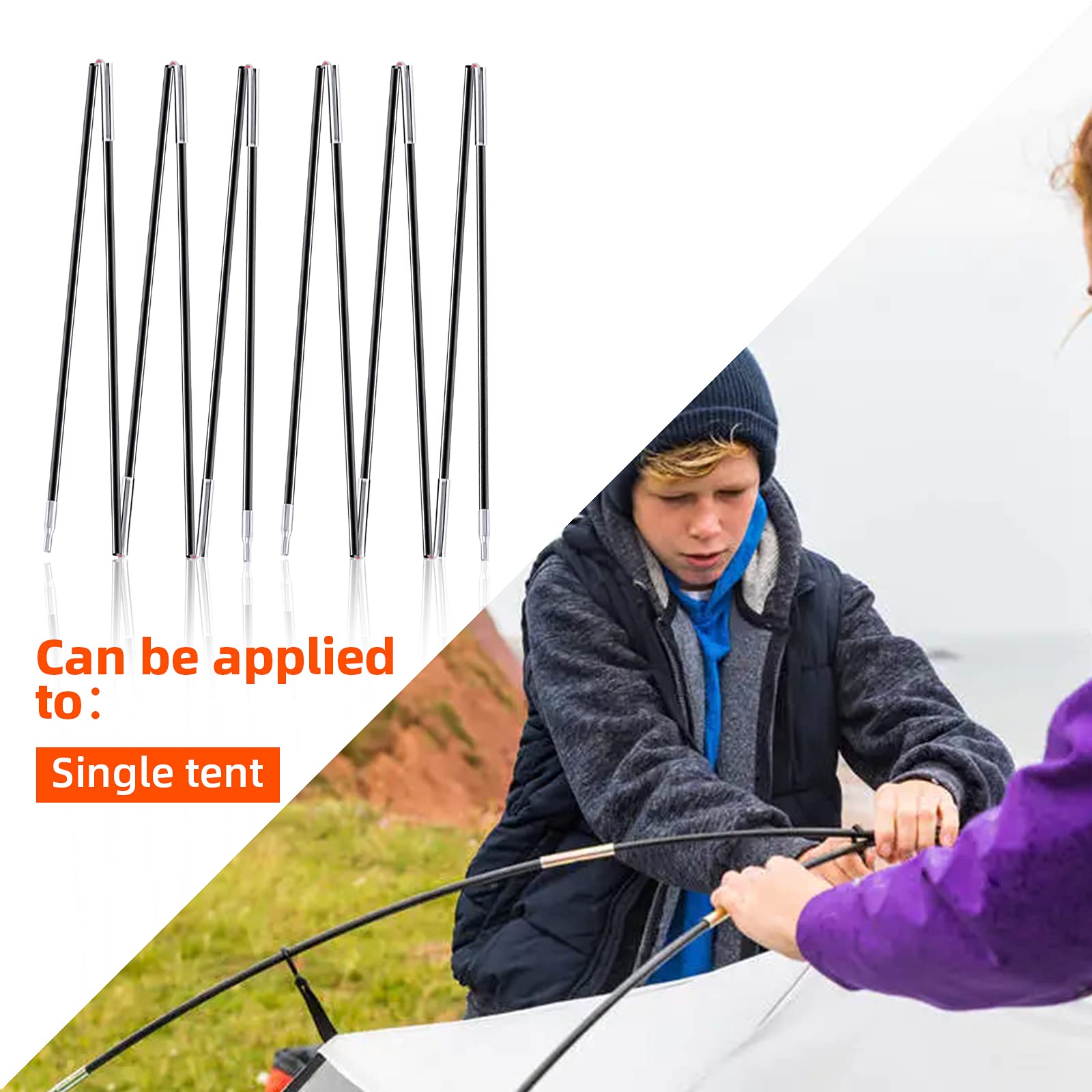 VideoPUP Tent Fiberglass Pole Kit Rod Replacement Tent Poles Accessories, Multifunction Lightweight Tent Pole Repair Kit,2 Sets 6 Sections,Fits 78×40in Single Tent, Pole Length 124"