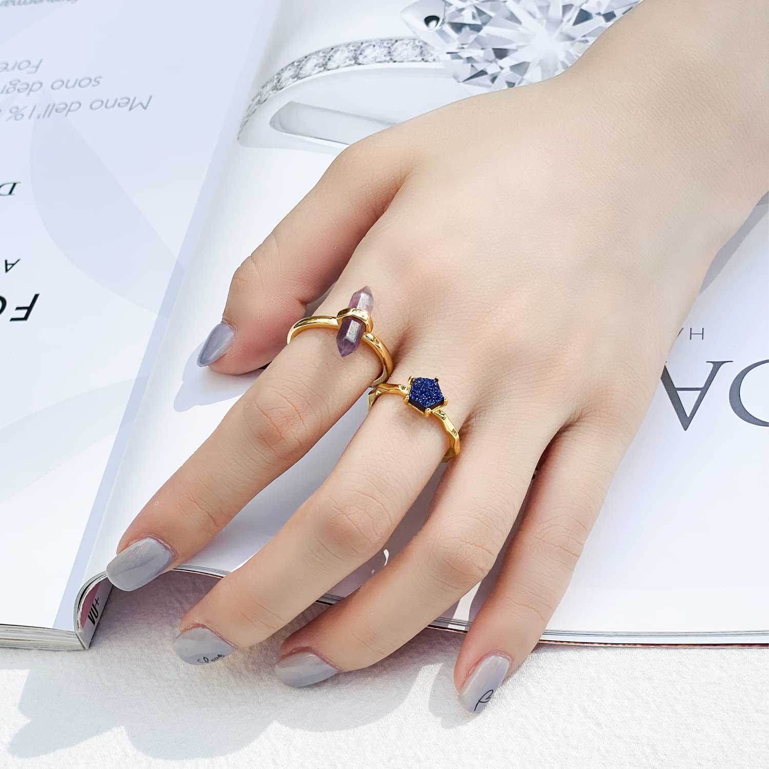 VIENNOIS 2 PCS Amethyst Natural Healing Crystal Ring for Women,Adjustable Open Healing Stones Gemstone Birthstone Jewelry Rings For Develop Intelligence Enhance Memory