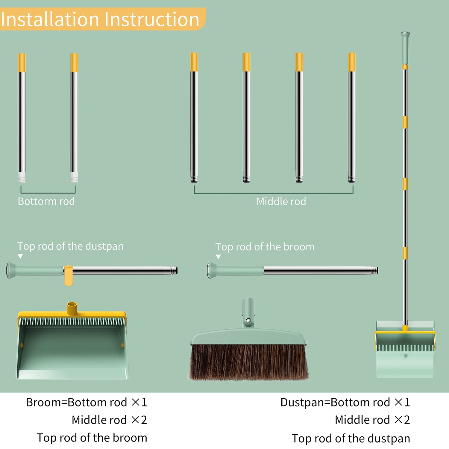 Serdary Broom and Dustpan Set Cleans with Adjustable 55" Long Handle for Home Kitchen Room Office Lobby Floor Use Upright Stand Up Broom Dustpan Combo (Green)