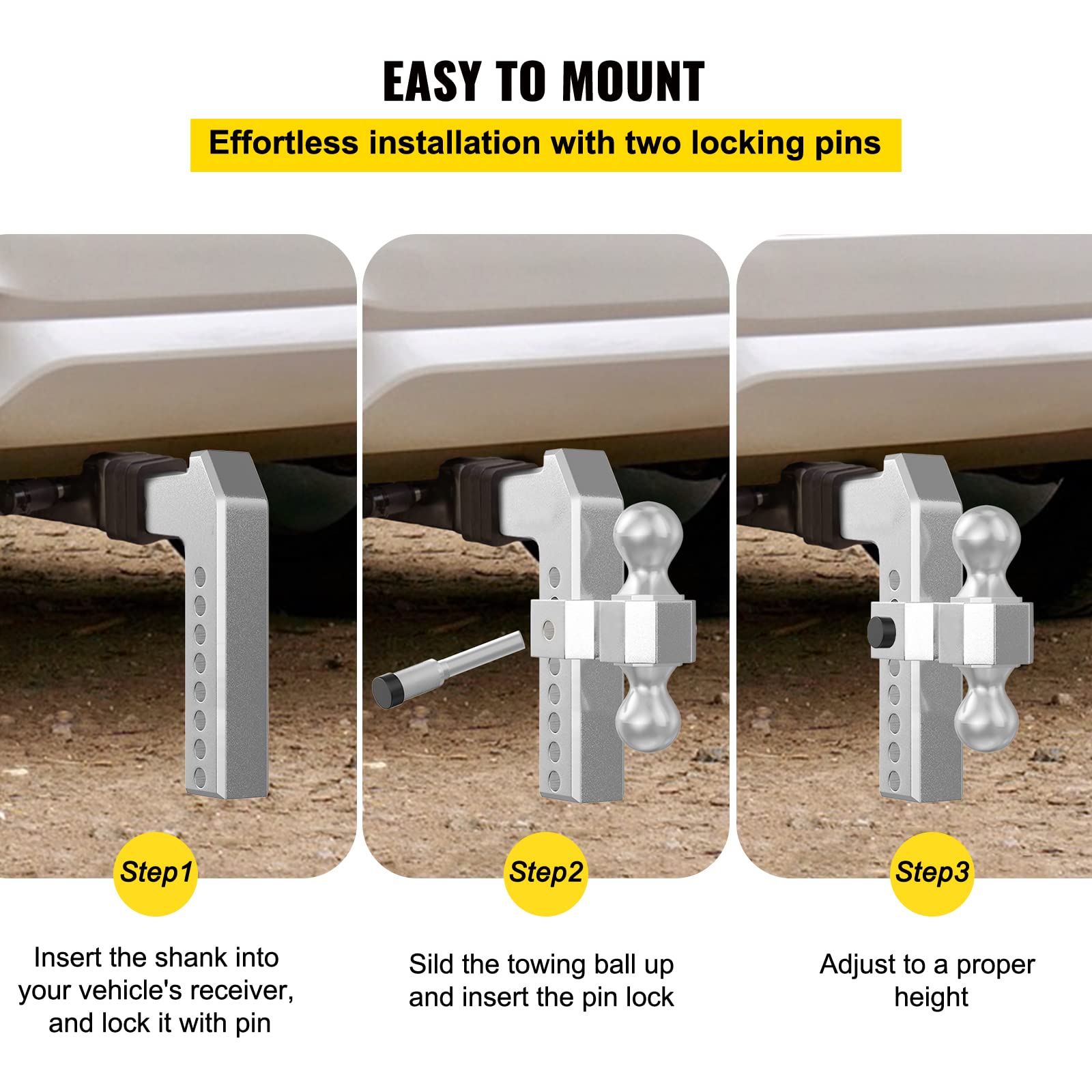 VEVOR Adjustable Trailer Hitch, Fits 2" Receiver, 8" Drop Ball Mount Hitch w/ Forged Aluminum Shank & Two Iron Balls, 12500 LBS Towing Capacity for Most Common Needs, Dual Locking Pins Included
