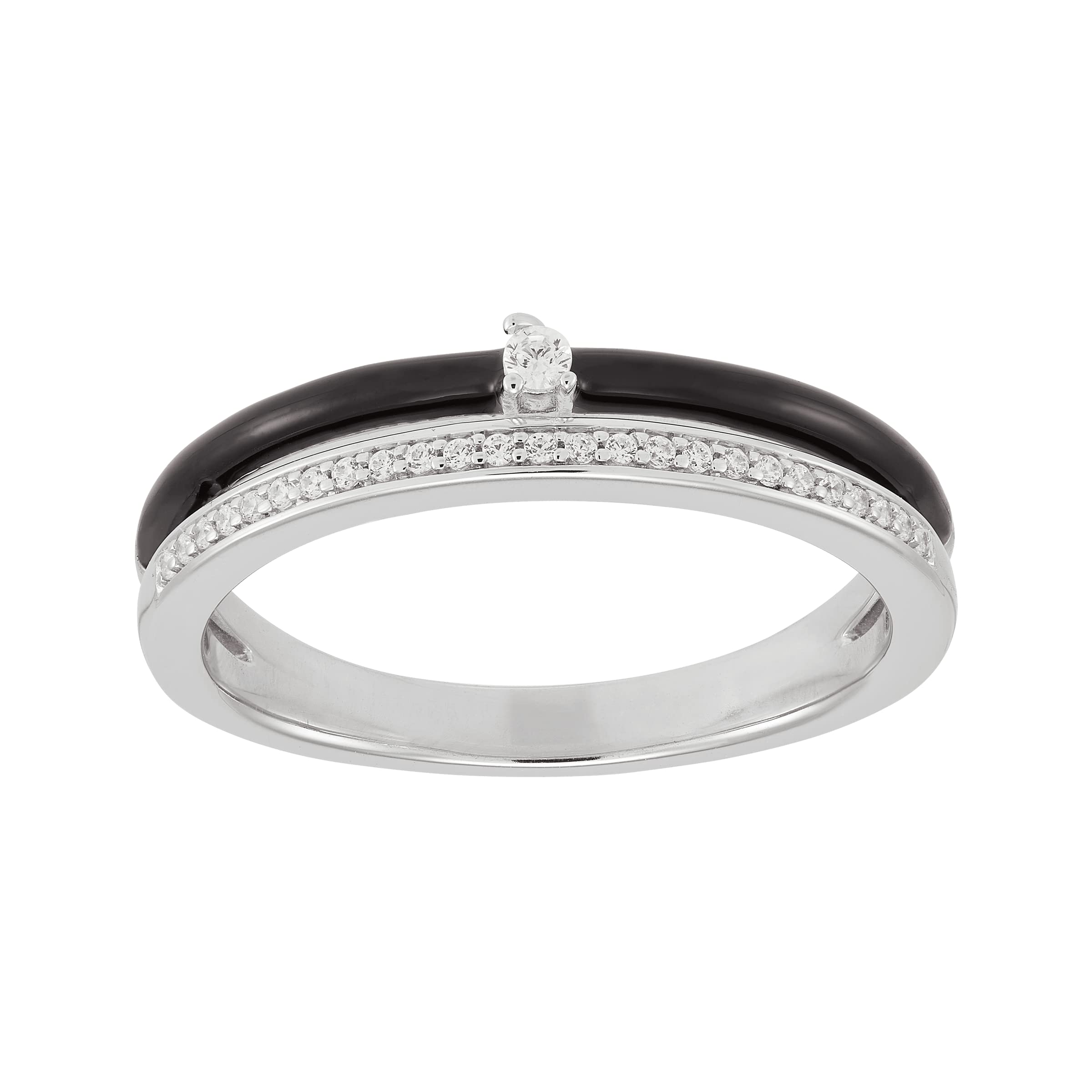 Welry Sterling Silver Black Enamel Double Band Ring with Cubic Zirconia, Size 7, Size 7