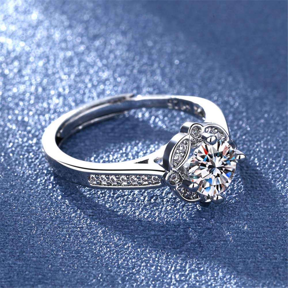 T Brand Platinum Plated Round CZ Solitaire Accent Wedding Promise Ring Flower Design Adjustable Bridal Rings for Women Y1212,Silver