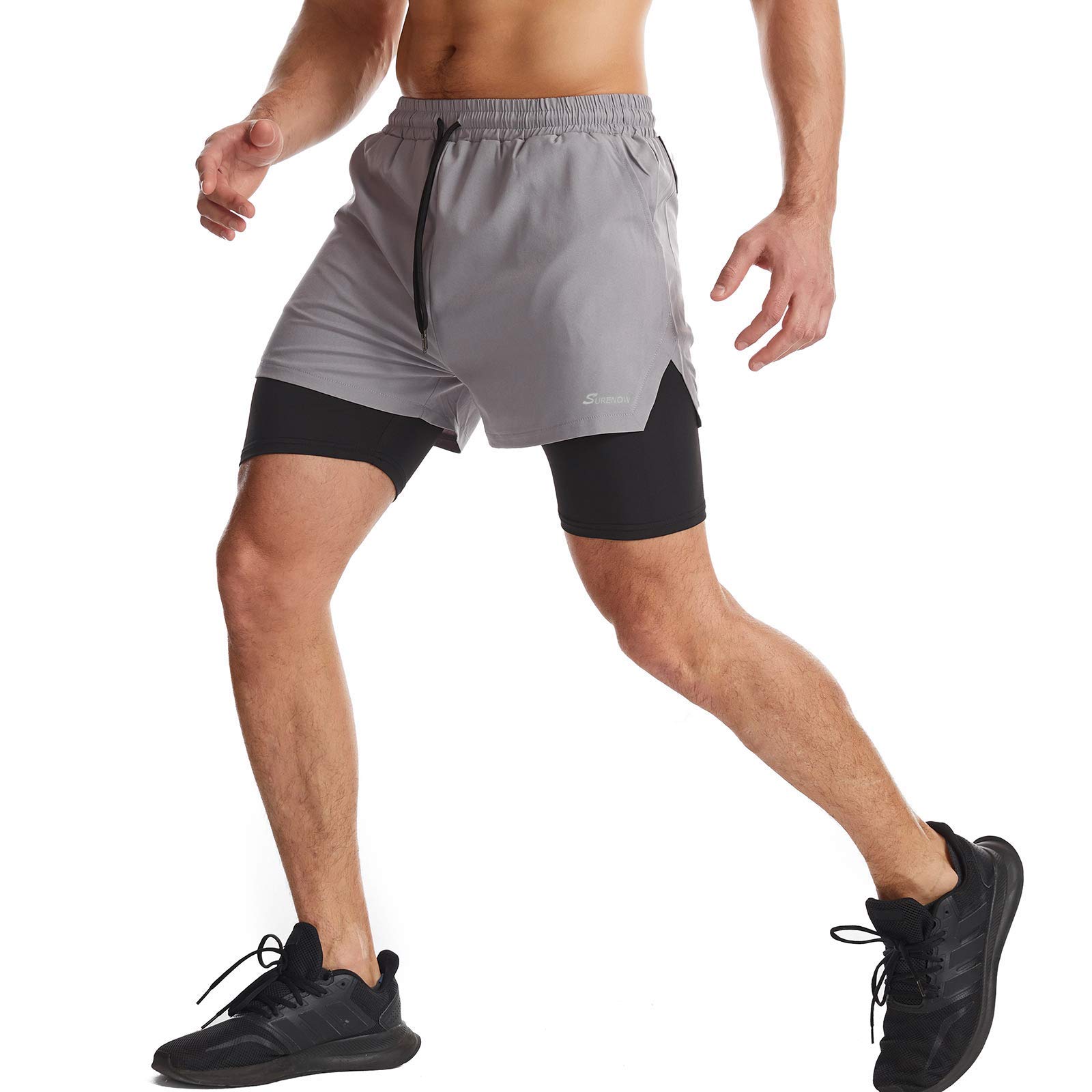 Surenow Mens 2 in 1 Running Shorts Quick Dry Athletic Shorts with Liner, Workout Shorts with Zip Pockets and Towel Loop Light Grey