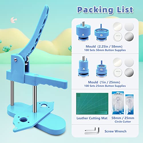 Mimeng Uomo Button Maker Machine Multiple Sizes 1+2.25inch DIY Pin Maker for Kids, Easy to Use Out of Box and Come with 200 Sets Button Making Supplies and 2 Sizes Circle Cutter