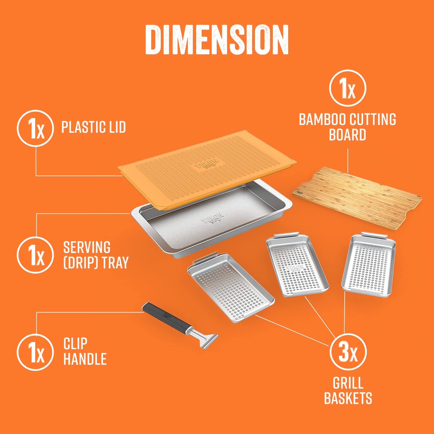 Yukon Glory™ BBQ 'N SERVE Premium Set, Includes 3 Grill Baskets, Serving Tray, Bamboo Cutting Board, Plastic Lid and Clip-on Handle