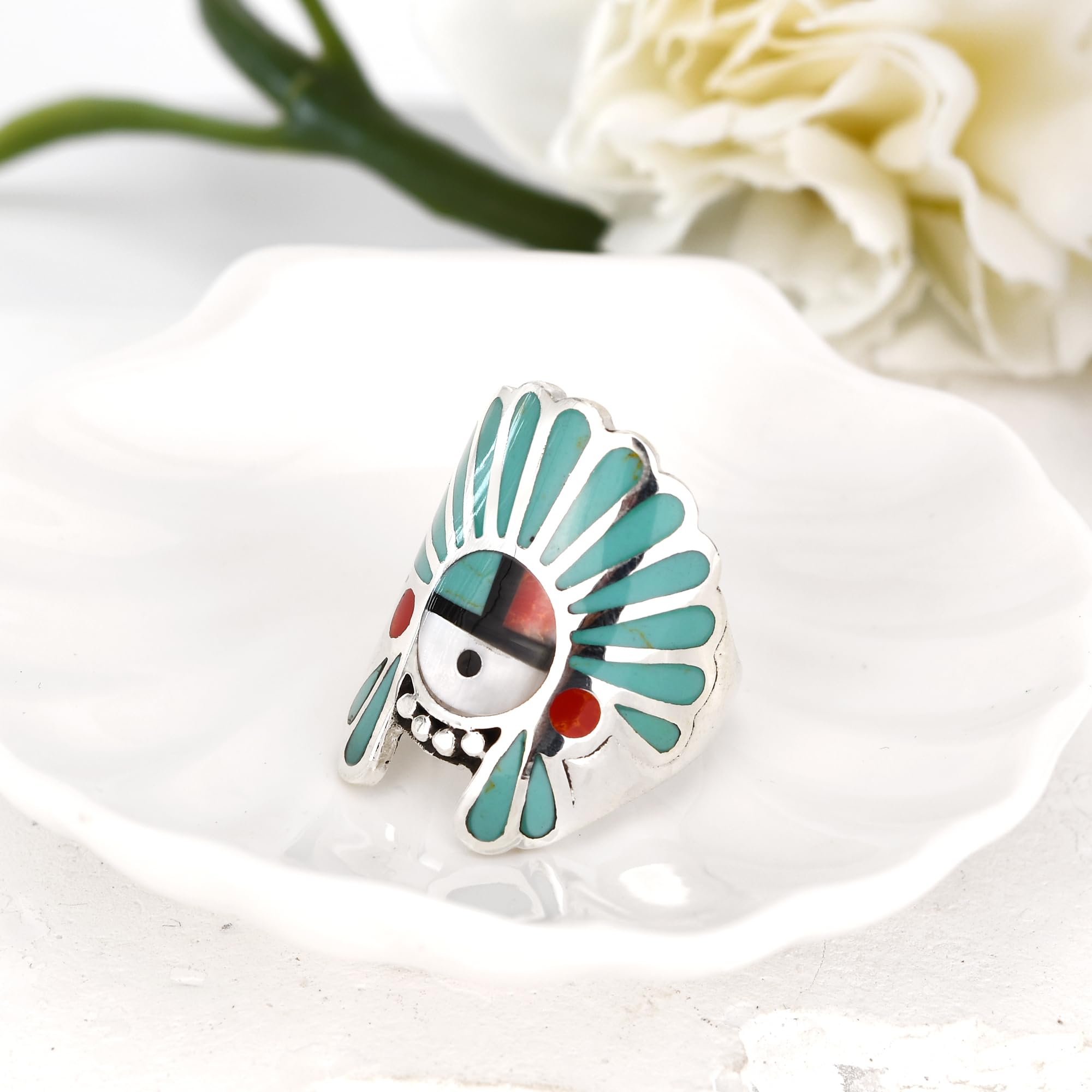 Native American Indian Symbol Simulated Turquoise-Reconstructed Red Coral .925 Sterling Silver Ring (8)