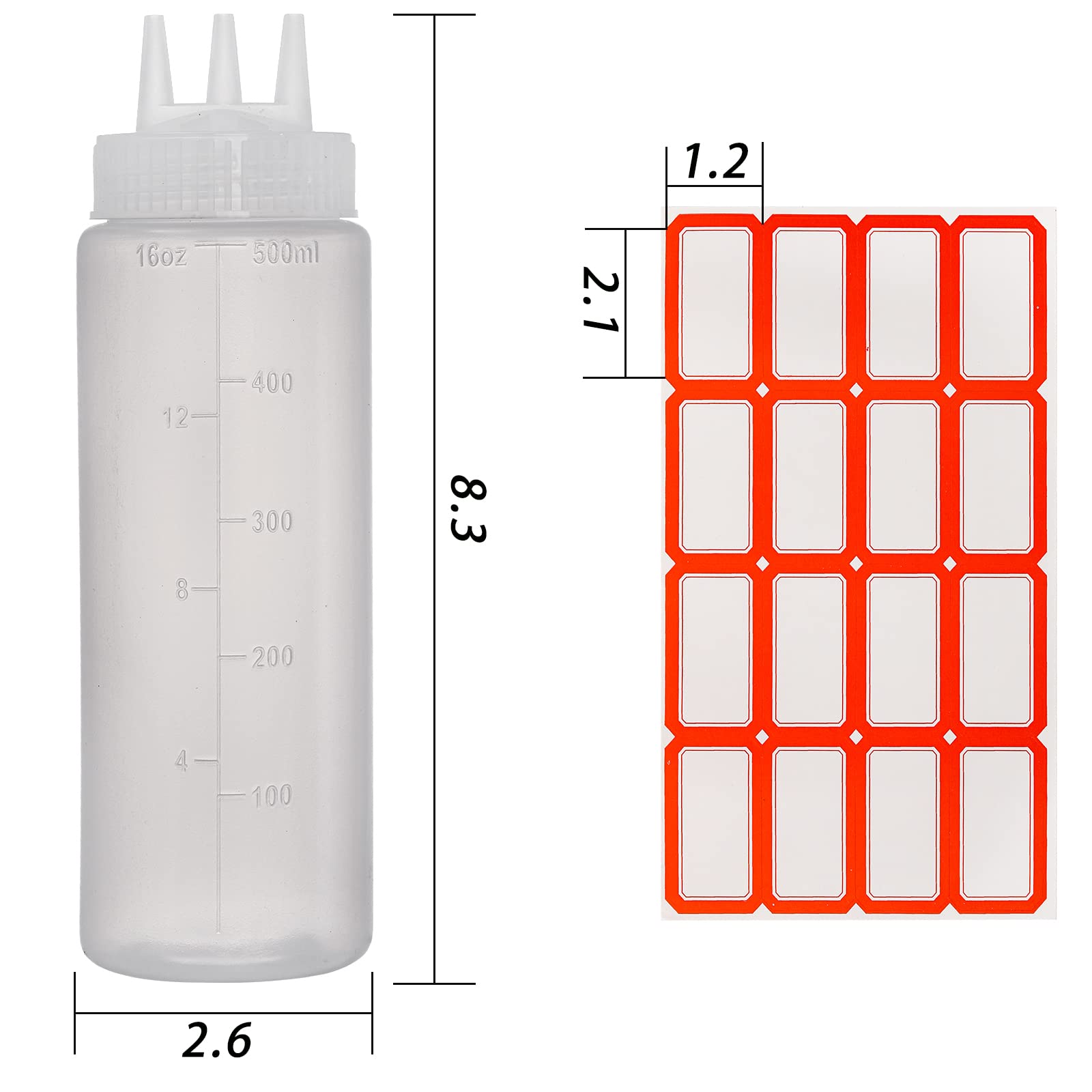 SOUJOY 16 Pack Condiment Squeeze Bottle, 16 Oz 3-Hole Kitchen Ketchup Squirt Bottle with Nozzle Tip and Label, Plastic Dispenser Container for Sauces, Paint, Oil, Salad Dressings, Arts and Crafts