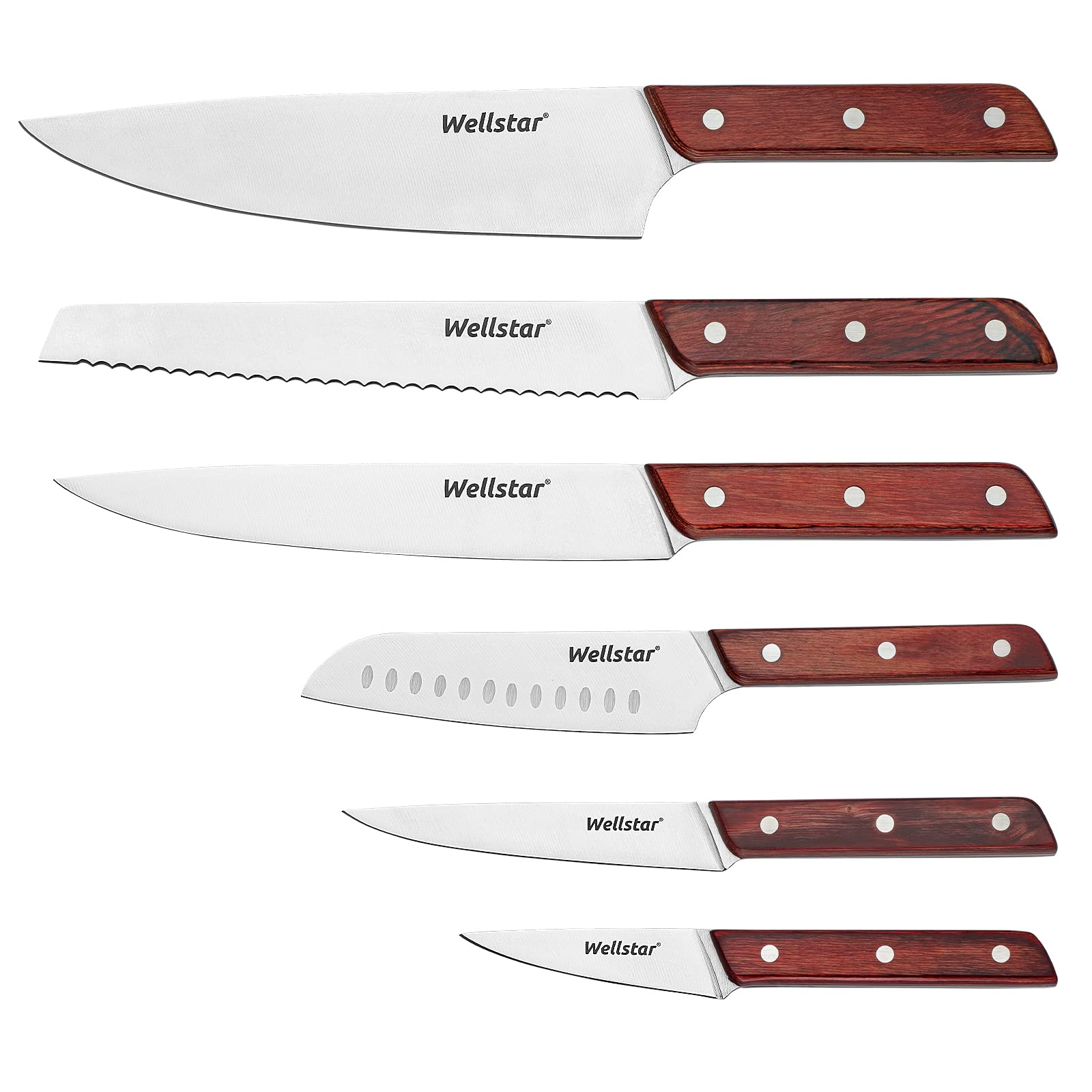 WELLSTAR Kitchen Knife Set 6 Piece, Ultra Sharp Japanese Stainless Steel Blade with Full Tang Pakkawood Handle, Chef Slicer Bread Santoku Utility & Paring for Cutting Chopping Slicing and Dicing
