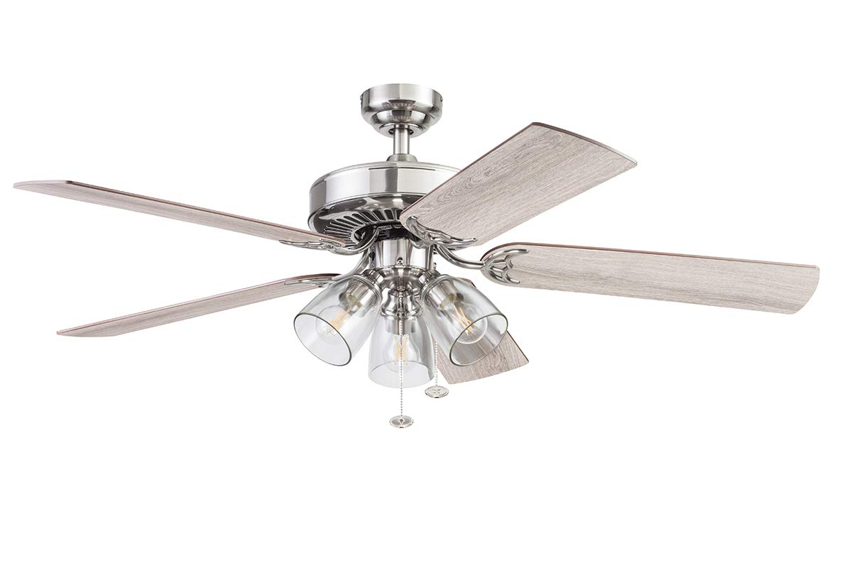Prominence Home Saybrook, 52 inch Indoor Farmhouse LED Ceiling Fan with Light, Pull Chain, Three Mounting Options, Dual Finish Blades, Reversible Motor - 51592-01 (Matte Nickel)