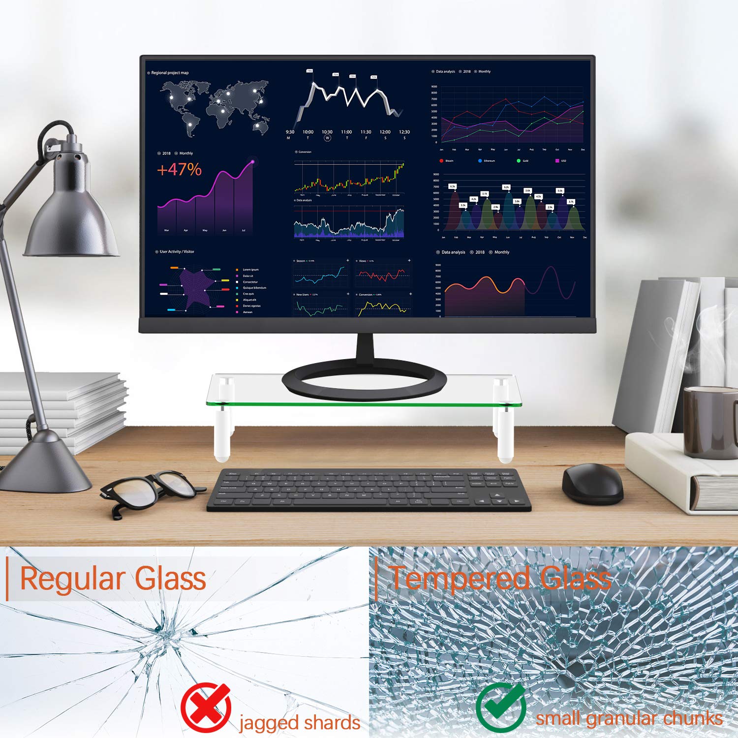 PUTORSEN Clear Tempered Glass Computer Monitor Stand Riser for Laptop, Computer, iMac, and All Flat Screen Display, Desktop Stand with Anti-Slip Pads Holds 44lbs, Storage Shelf & Screen Holder