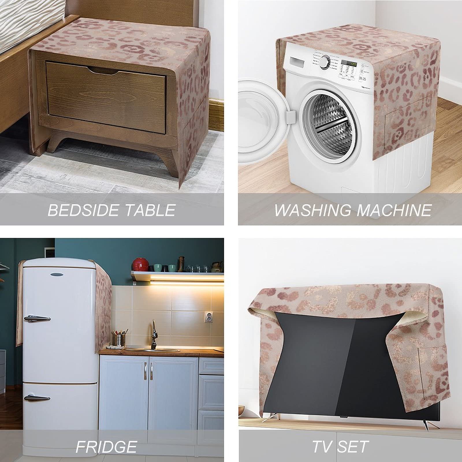 Rose Gold Leopard Pattern Washing Machine Dryer Top Cover Refrigerator Fridge Dust-Proof Cover with Storage Pockets Bags Sunscreen Cover Kitchen Christmas Decor