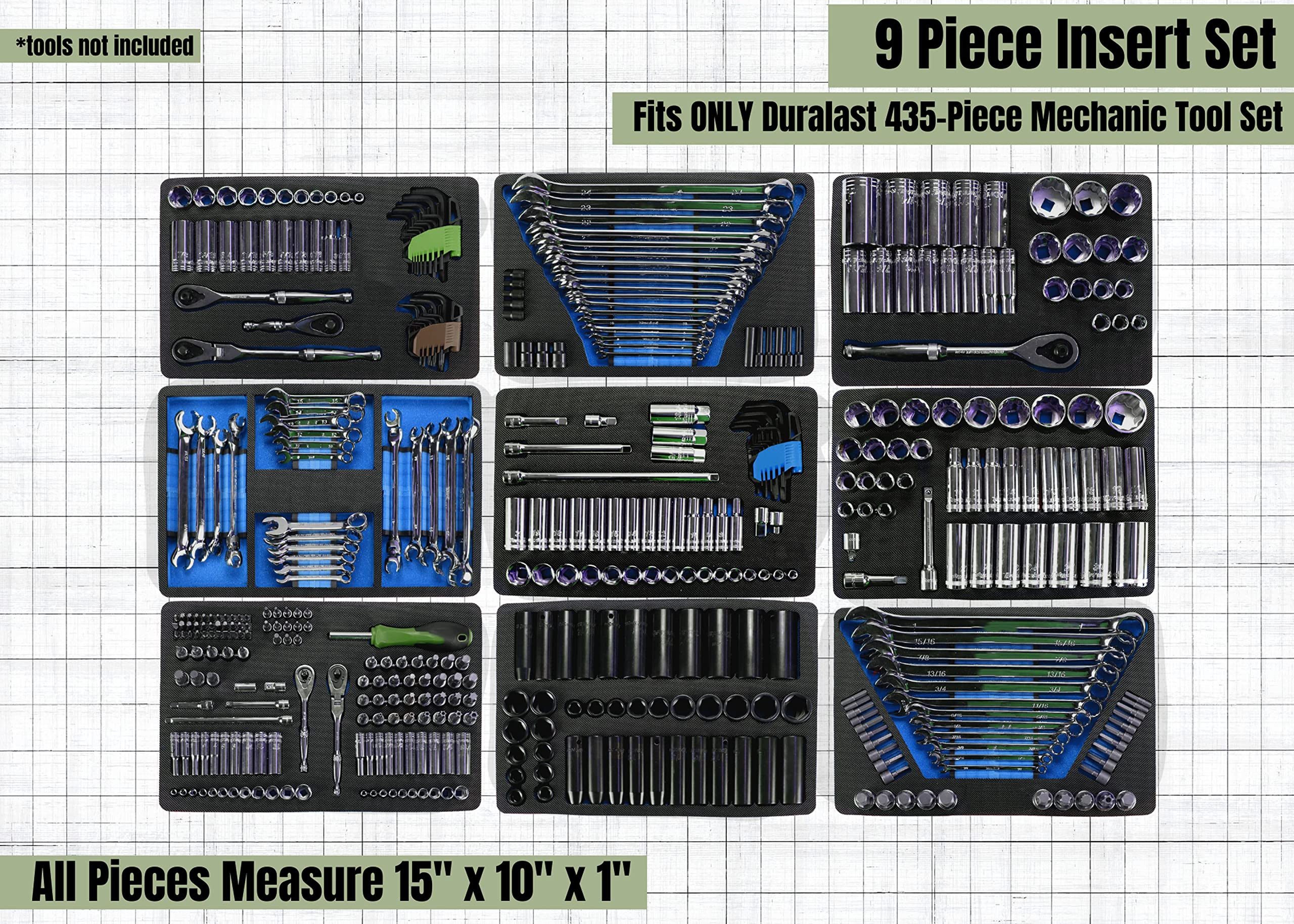 Polar Whale Tool Drawer Organizer Inserts Fits Duralast 435 Piece Mechanics Set Blue and Black Durable Foam Trays Holds Many Tools ONLY For 61-990 1089589 Fits Most Cabinet and Chest Drawers