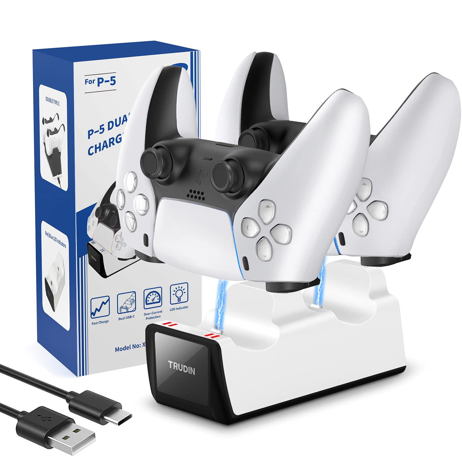 PS5 Controller Charger with 【Fast Charging】 AC Adapter 5V/2A, Playstation 5 Charging Station with 【LED Indicator】, Dual USB Charging Dock Station Stand for Sony Playstation 5 DualSense Controller