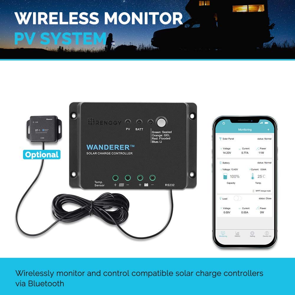 Renogy Wanderer Li 30A 12V PWM Negative Ground Charge Controller Compatible with Lithium, Sealed, Gel, and Flooded batteries and Renogy Bluetooth Module (Renewed)