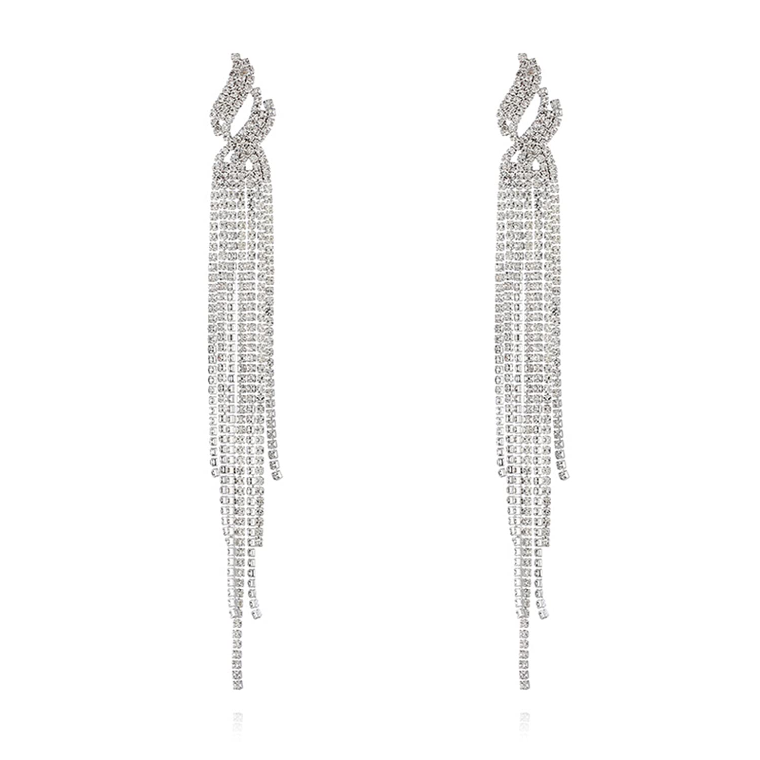 T-ztoss Extra Long fashion luxury tassel Rhinestone Earrings Silver Elegant Crystal Bridal Tassel Earrings Bling Dangle Earrings in Prom Party Wedding Jewelry Gift Sparkling sexy Chandelier eardrop