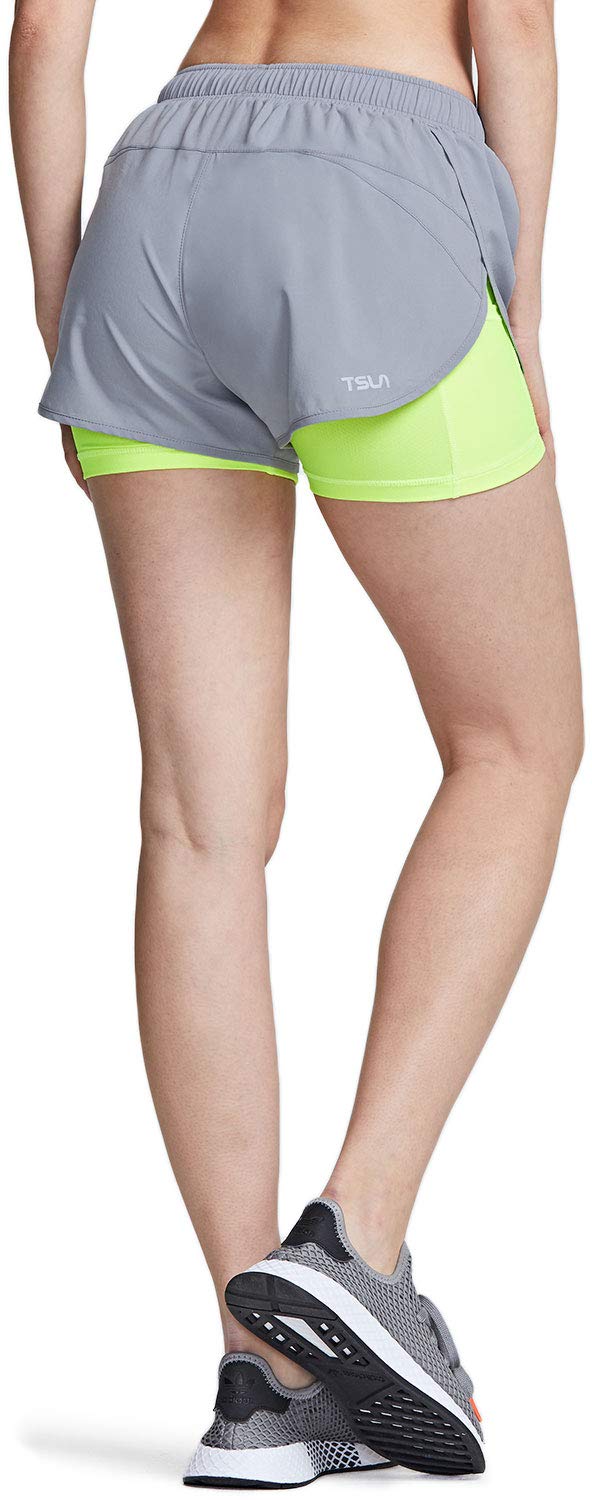 TSLA Women's Running Shorts, Dry Fit Active Sports Workout Shorts, Gym Exercise Athletic Short with Pockets, Paceshorts 2in1 Light Grey & Neon Yellow, Small