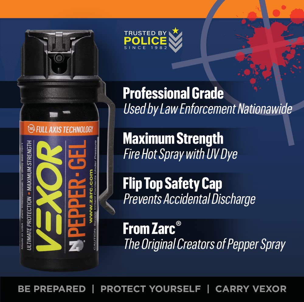 VEXOR® Pepper Gel from Zarc™, Maximum Strength Police Pepper Spray, Gel Is The future, Full Axis (360°) Technology Shoots from Any Angle 18-feet, Flip-top Safety and Belt Holster Included (4 Pack)