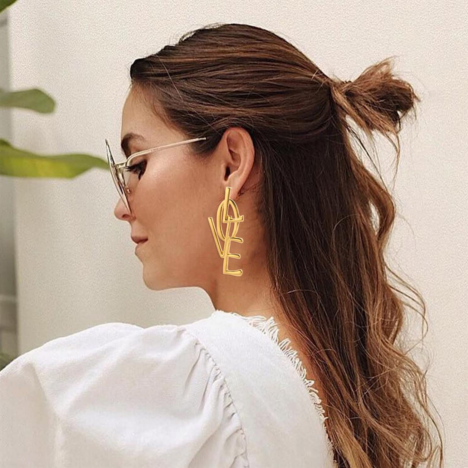 T-ztoss Simple Punk Love Letter Large Long Dangle Earrings Fashion English Alphabet Love Heart Shape Dangle Stud Earrings Statement Jewelry Gift for Women(Gold)