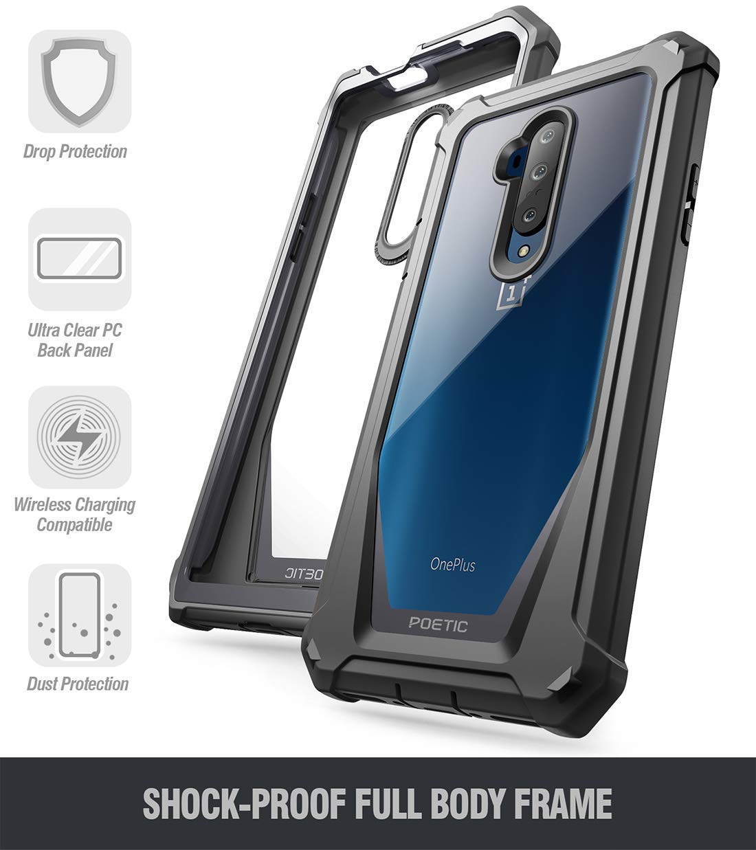 Poetic OnePlus 7 Pro Rugged Clear Case, Full-Body Hybrid Shockproof Bumper Cover, Built-in-Screen Protector, Guardian Series, Case for OnePlus 7 Pro (2019 Release), Black/Clear