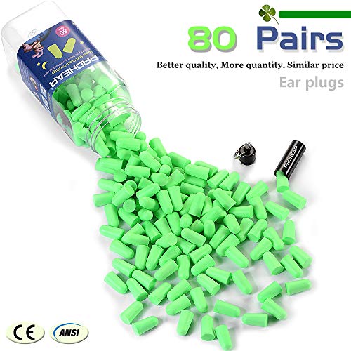 PROHEAR Foam Earplugs 80 Pairs, Ultra Soft Sleeping Ear Plugs Upgraded SNR 38dB Noise Reduction Hearing Protection, Easy Usuable Ear Plugs for Sound Blocking Sleeping, Snoring, School Library (Green)
