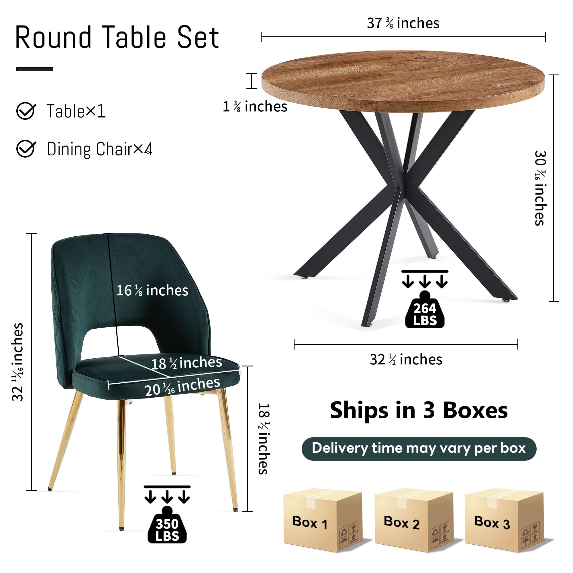 NORDICANA 5-Pieces 37-Inch Dining Table Set for 4 - Space Saving Round Table and Chairs with 4 Seaters Velvet Upholstered Chairs for Kitchen, Apartment (Forest Green)