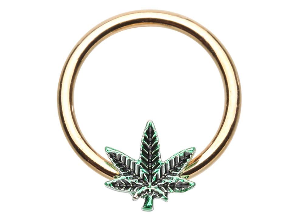 Pierced Owl Golden Cannabis Pot Leaf Captive Bead Hoop Ring, Sold as a Pair (3/8" (10mm) length)