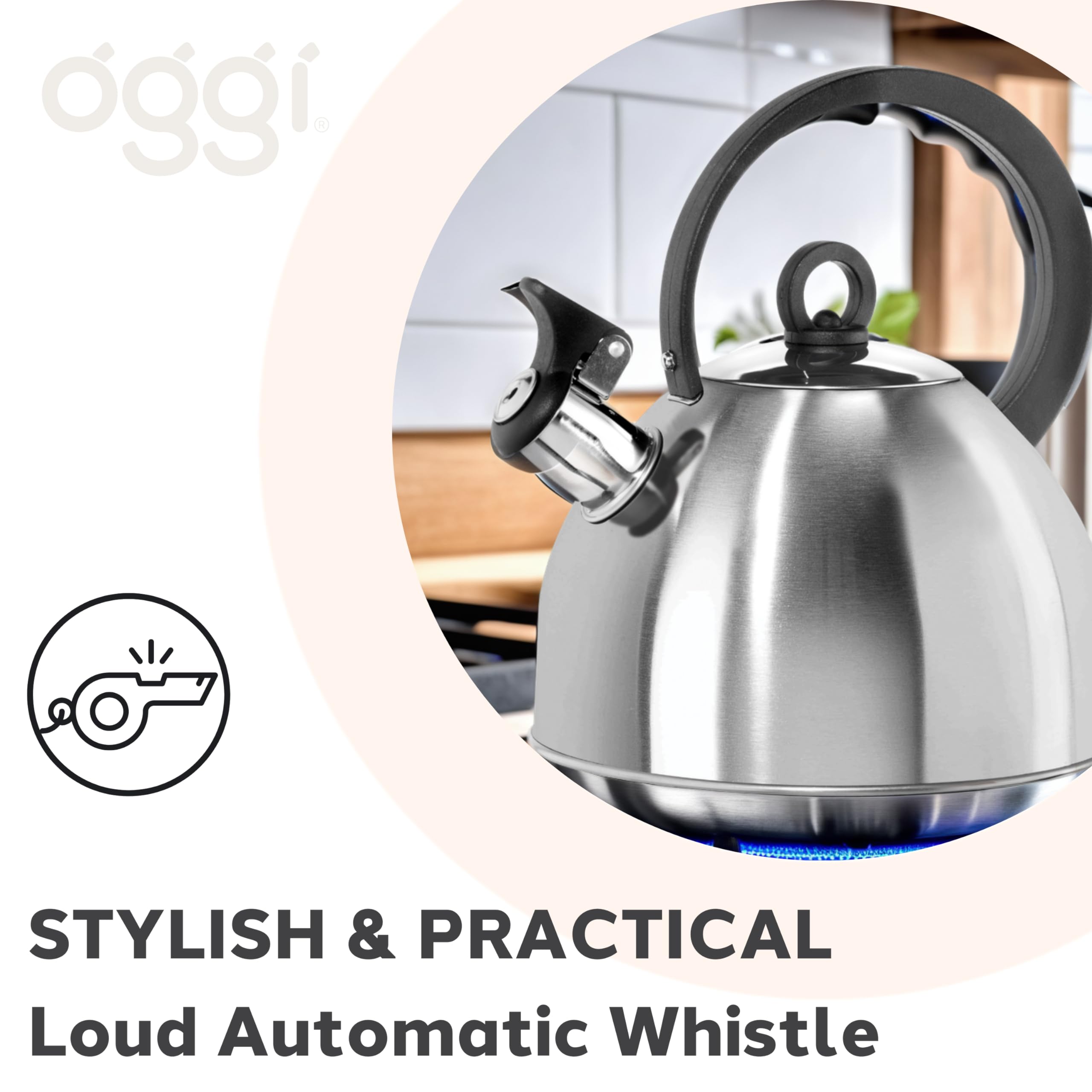 OGGI Tea Kettle for Stove Top - 64oz / 1.9lt, Stainless Steel Kettle with Loud Whistle, Ideal Hot Water Kettle and Water Boiler - Black