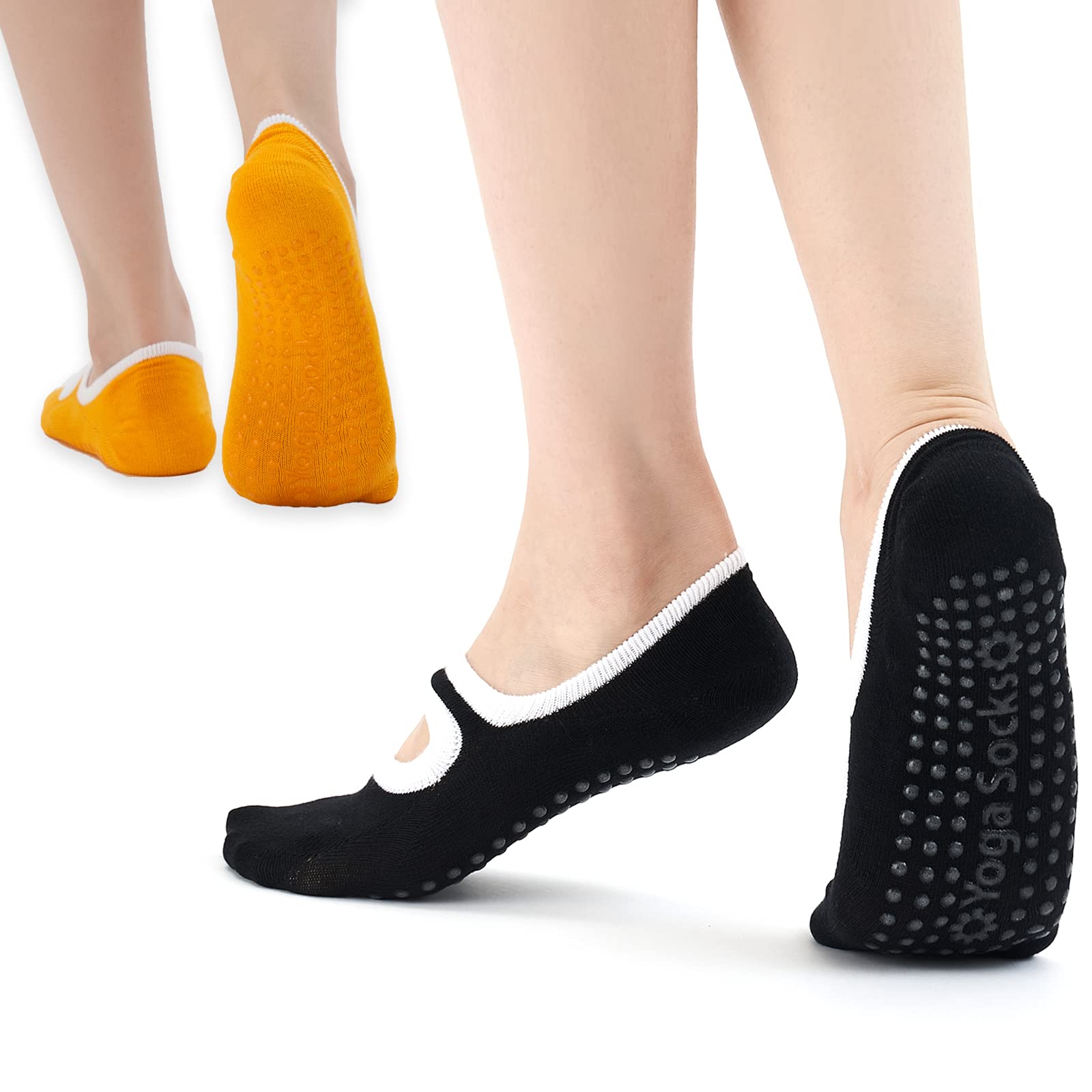 THUMBERLY Yoga Socks Non-Slip with Grips, 2 Pack Pilates Socks for Barre, for Barre, Ballet, Barefoot Workout, Dance Balance Stability Wide Feet Design fits US 5-11 (Black+Orange)
