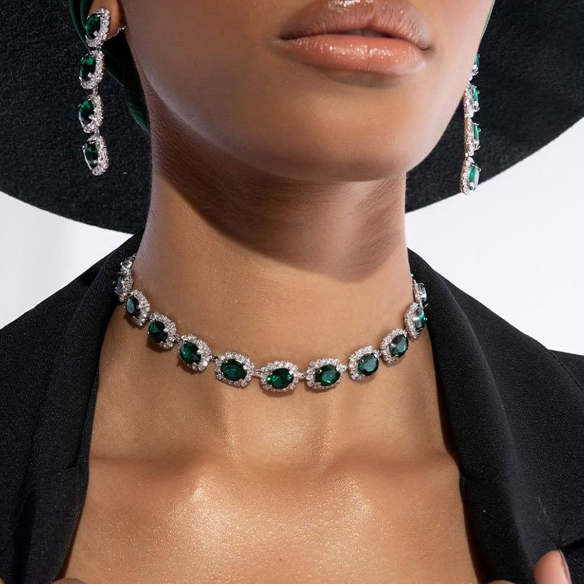 STONEFANS Emerald Green Rhinestone Choker Necklace For Women Sparking Square Rhinestone Choker Collar Statement Silver Neck Jewelry (Green)