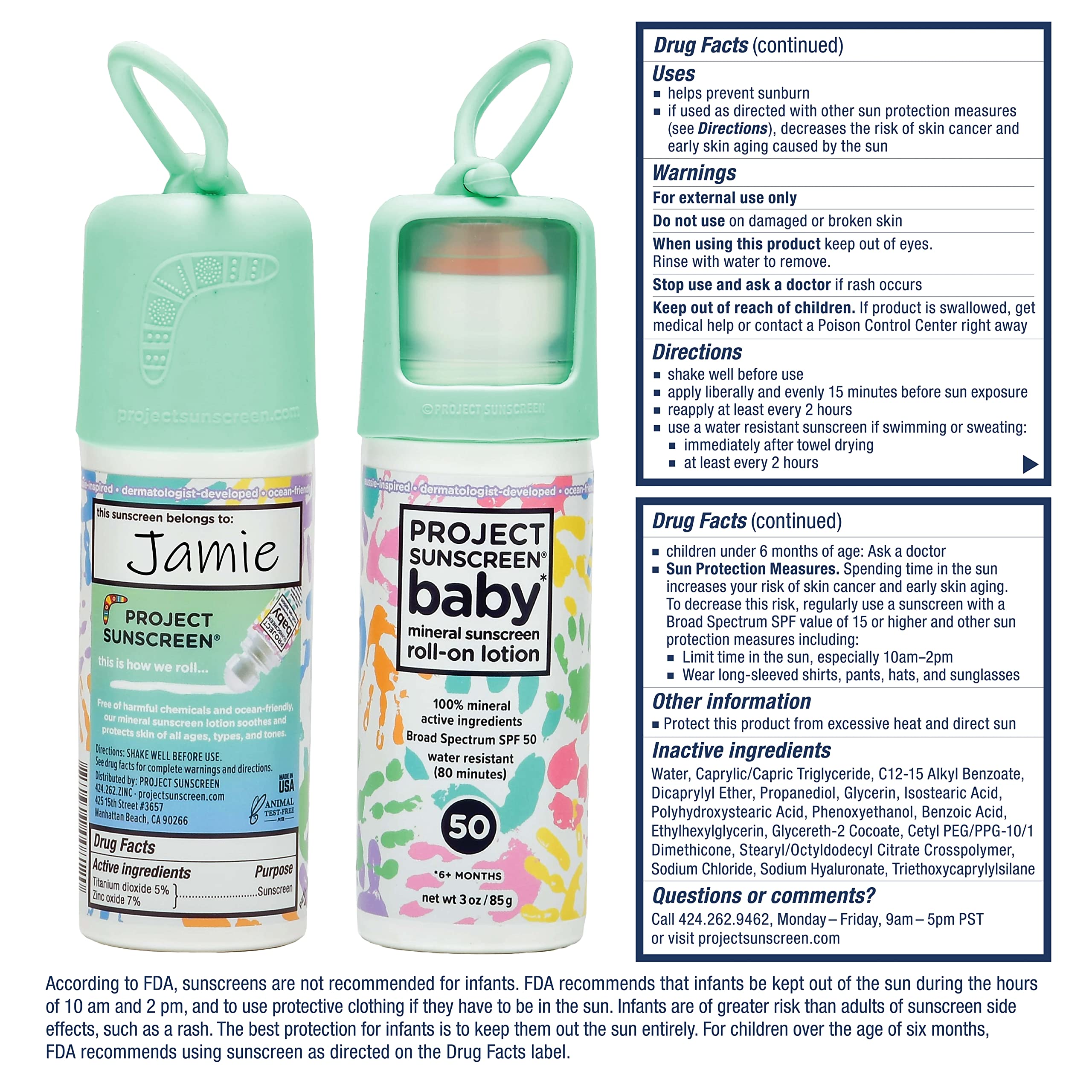 Project Sunscreen Roll-On SPF 50 Sun Protection for Babies - Natural Mineral Based and Water Resistant Formula For Sensitive Skin - 3 Ounce, Rainbow