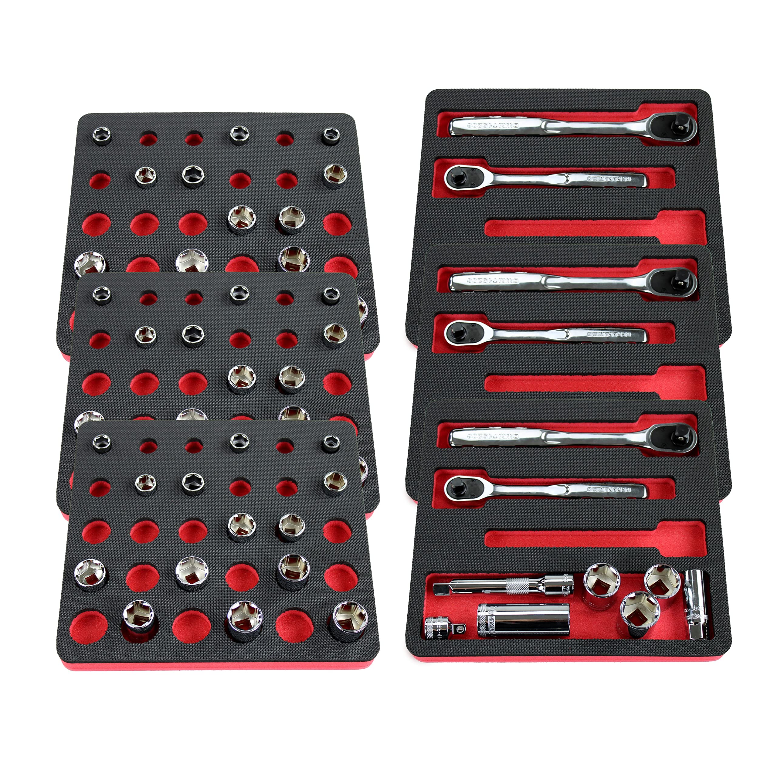 Polar Whale Tool Drawer Organizer 6-Piece Ratchet and Socket Insert Set Red Black Durable Foam Holds Many Tools and Accessories 10 x 11 Inch Trays Fits Craftsman Husky Kobalt Milwaukee Many Others