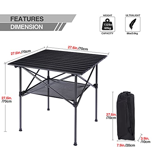Stonehomy Aluminum Camping Table Roll Top with Mesh Storage, Folding Lightweight Roll Up Table Square for Outdoor Camping Grill, Black, 27.6X27.6 Inch