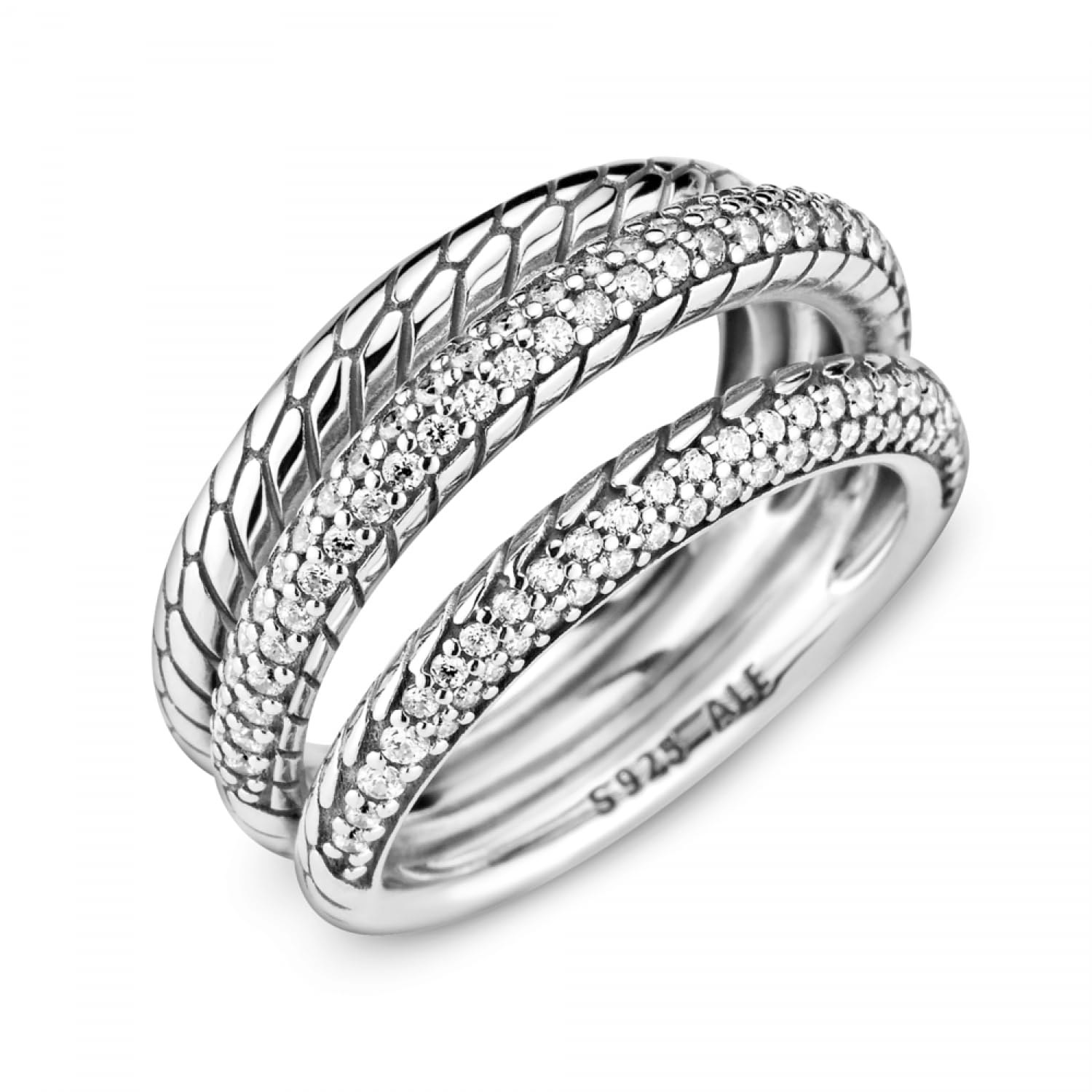 PANDORA Triple Band Pave Snake Chain Pattern, Clear CZ 925 Sterling Silver Ring, Size: EUR-52, US-6 - 199083C01-52