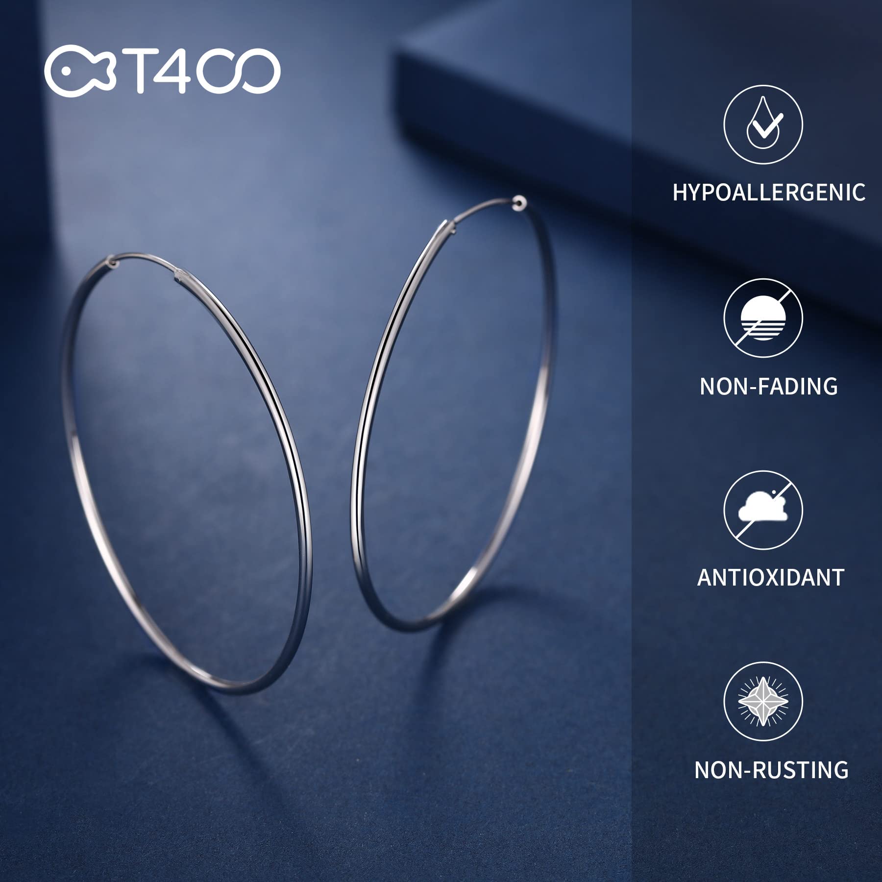 T400 925 Sterling Silver Hoop Earrings Large Thin Lightweight Round Hoops for Women 75mm