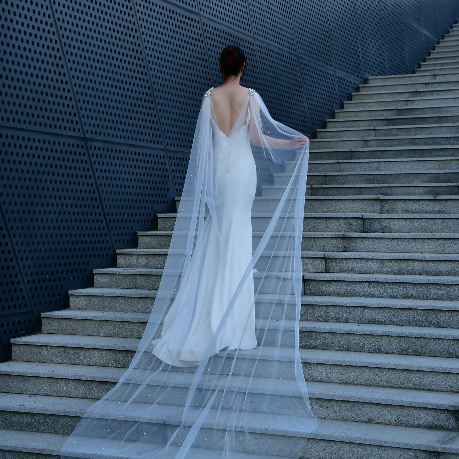 Women's Long Bridal Wedding Shoulder Capes Wedding Veil Cloak Pearl Veil (Ivory)