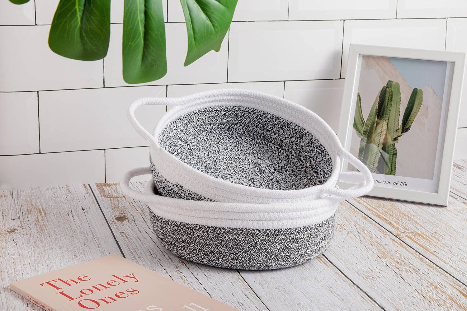 Polarduck Cotton Rope Basket Woven Small: Cute Size 9.8"x8.2"x2.6" with Handles as Home Decor Desk Organizer Room Storage - Perfect for Toy Key Fruit Candy Gift | 2-Pack Grey