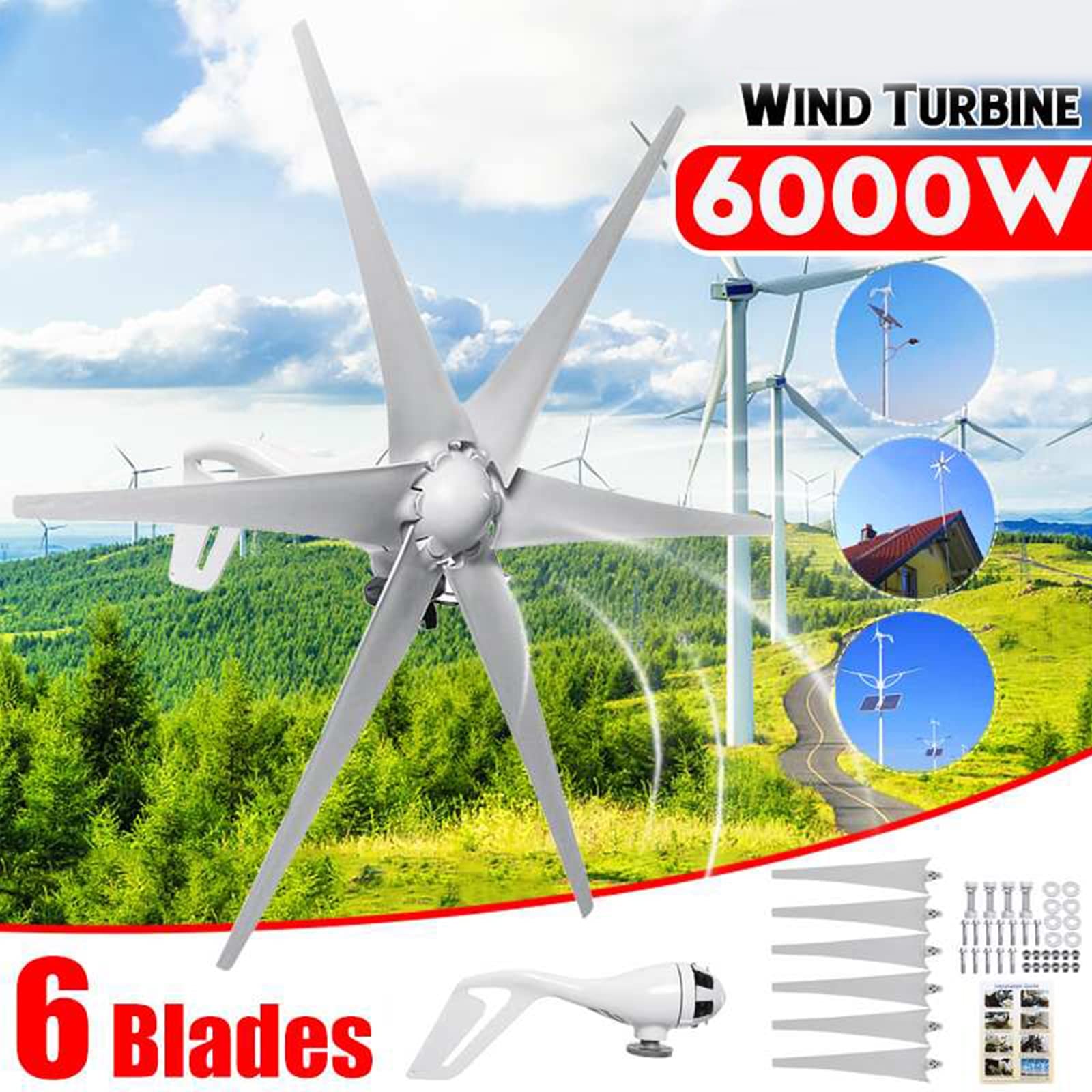 QAZNHODDS Wind Turbine Generator kit, 6000W 6 Blade Wind Industrial Machinery Equipment with Wind Boosting Controller for Terrace, Marine, Motorhome, Chalet, Boat,1,48V