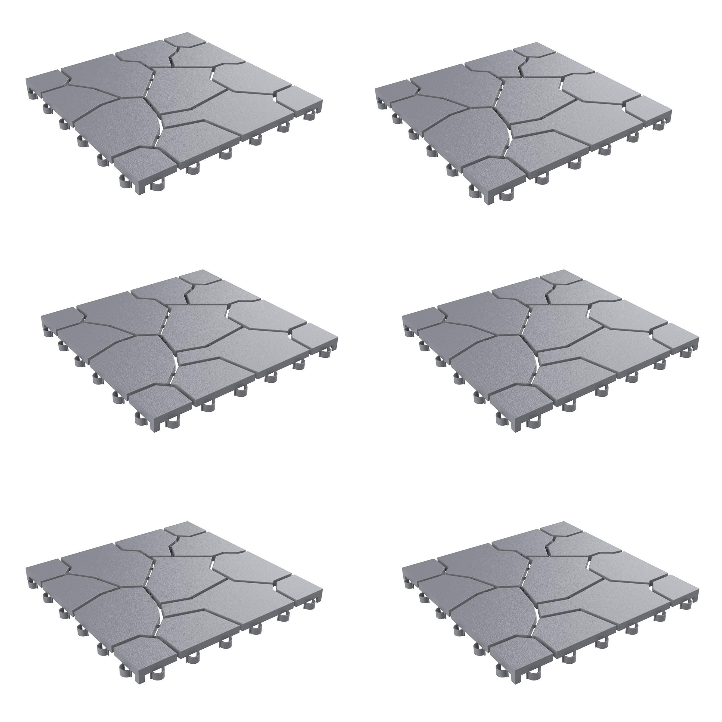 Pure Garden Deck Tiles – Set of 6 Polypropylene Interlocking Patio Tiles – Weather-Resistant Outdoor Flooring for Balcony, Porch, and Garage (Gray)