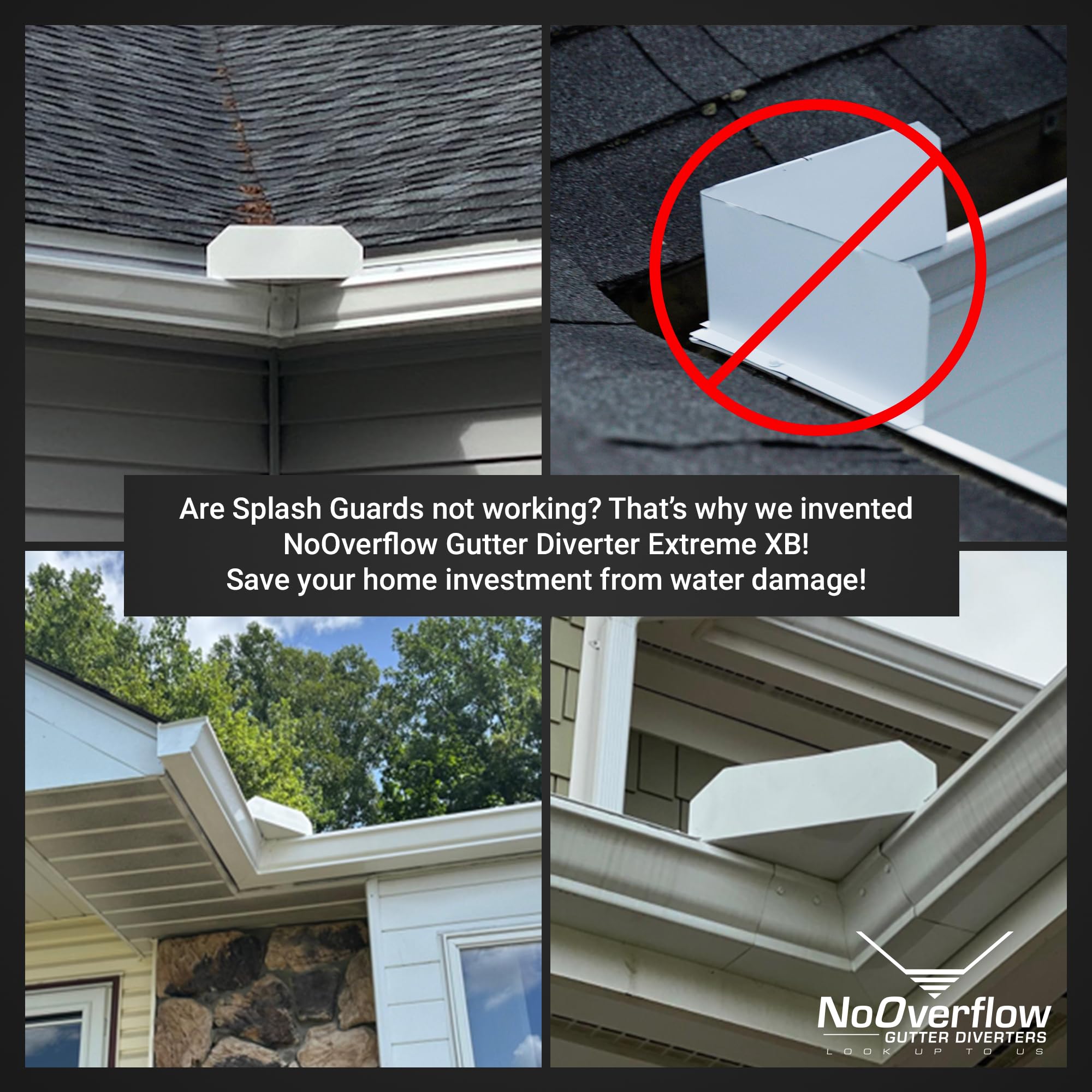 NoOverflow Gutter Diverter Extreme XB - Rain Gutter Extender, Prevent Water Overflow and Property Damage, Heavy-Duty .032 Gauge Aluminum, Left and Right 22.5 Degrees
