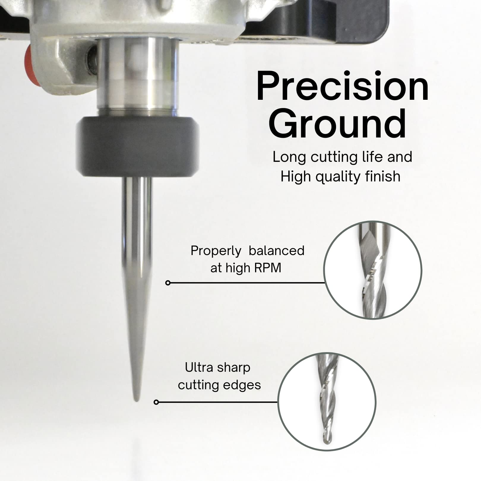ROUTYBITS - 3 Pcs Tapered Ball Nose Router Bit Set - 1/32โ, 1/16โ, 1/8โ Tip Diameter, 1/4 Inch Dia Shank, Solid Carbide, Spiral End Mills for 3D CNC Carving of Wood, Plastic, Soft Metal