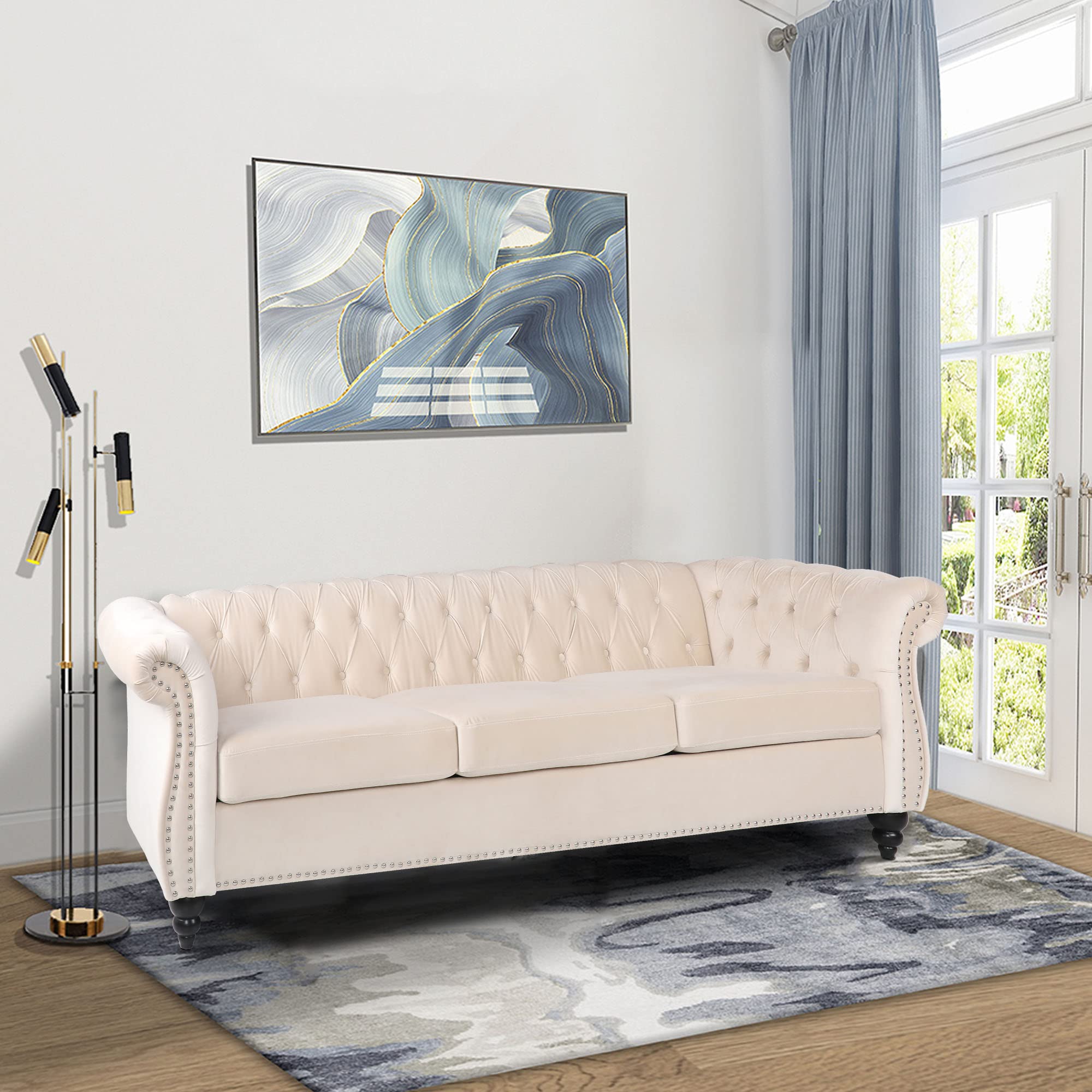 MIYZEAL Modern 3 Seater Couch Velvet, Upholstered Sofa with Tufted Back, Roll Arm Classic Chesterfield Settee Couches for Living Room, Office (Beige)