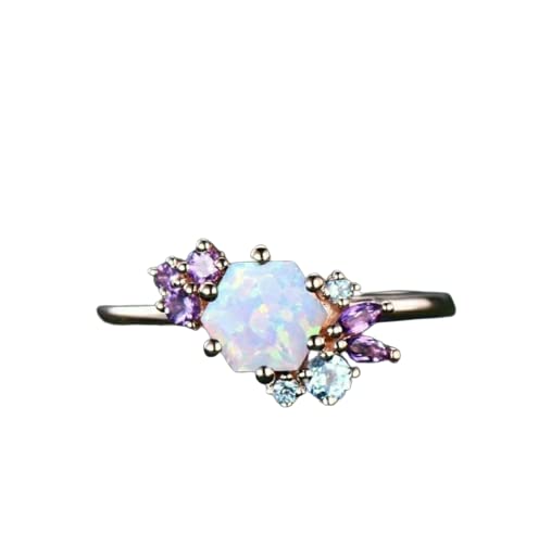 Vintage amethyst opal engagement ring Hexagon cut opal ring 14k white gold ring cluster topaz ring women art deco unique bridal ring gift (WHITE GOLD, 5)