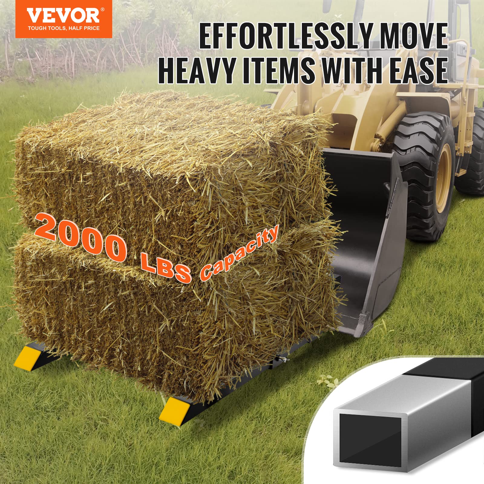 VEVOR Pallet Forks, 2000 Lbs Clamp on Pallet Forks 43" Total Length, Tractor Bucket Forks with Adjustable Stabilizer Bar, Heavy Duty Pallet Forks for Tractor Attachments, Skid Steer, Loader Bucket