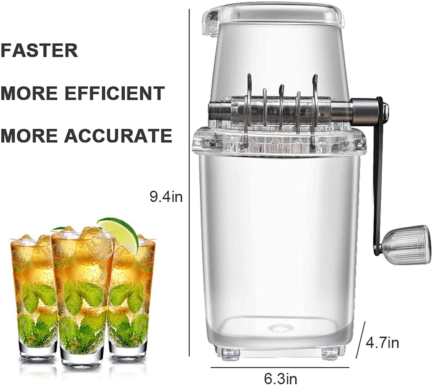 ZHER-LU Hand-Crank Ice Crusher, Ice-Maker Machine, Clear Ice Crusher for Home 1.25L Chrome Plated Ice Grinder Ice cube Drinks Chopper Stirrer (Transparent)