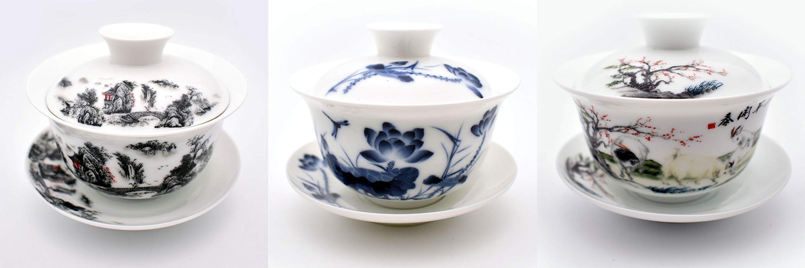 Teacups set,QMFIVE,Chinese Traditional Teaware Blue and White Porcelain Gaiwan Kungfu Tea bowl with Lid and Saucer - 6oz/180ml,Seclusion