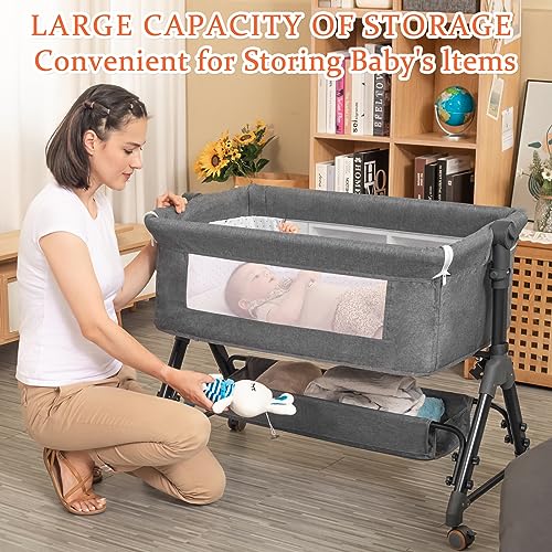 NEPDOF Baby Bassinet Bedside Sleeper Bedside Easy Folding Portable Bassinet 3 in 1 Baby Bed with Adjustable Height,Breathable Net,Large Storage Basket and Mosquito net