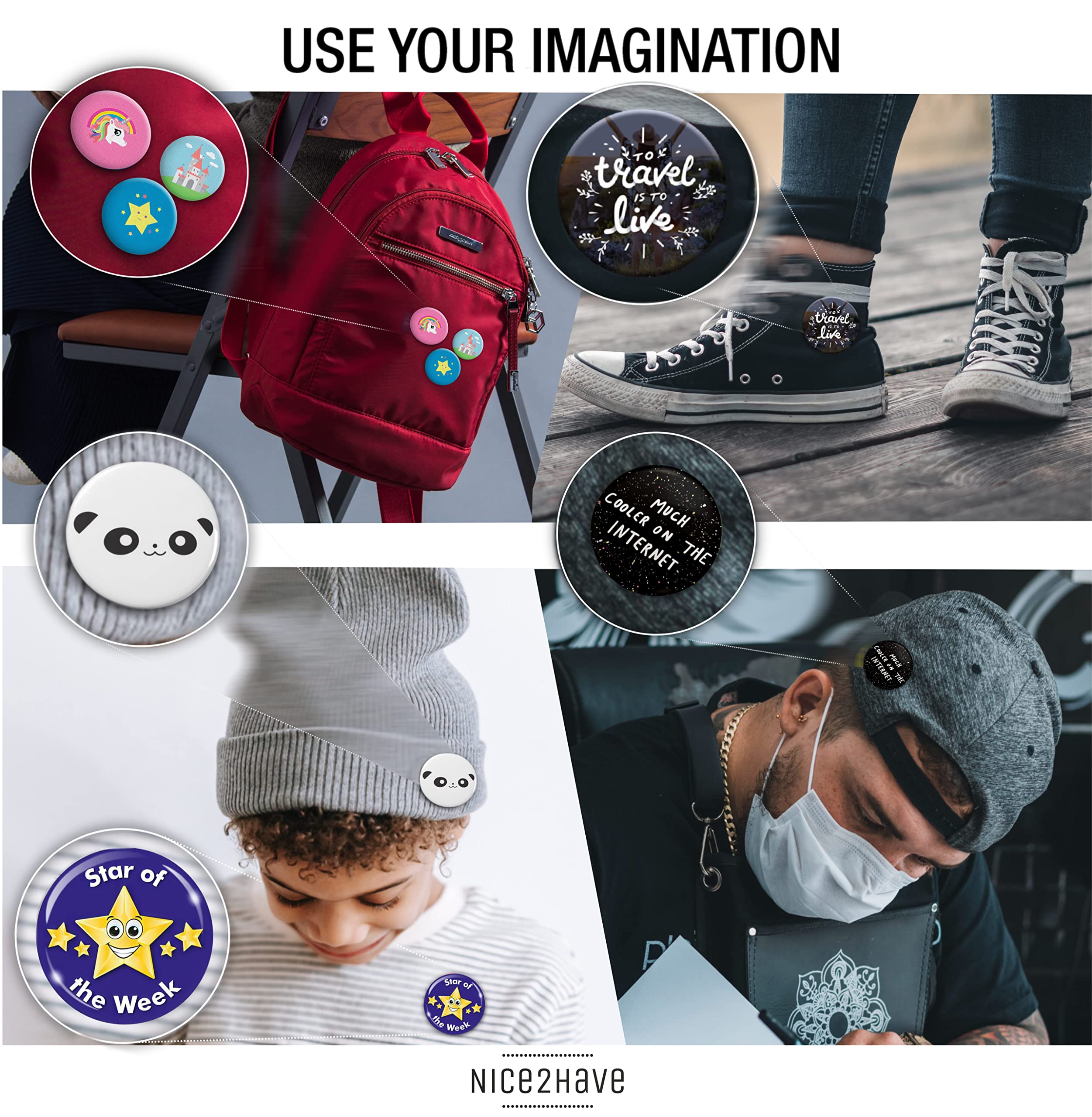 Nice2Have Button Maker Machine 2.25 inch (58mm) - (100pcs Buttons,5pcs Bottle Openers,5pcs Fridge Magnets, 500+ Free Designs,Circle Cutter&Magic Book&Paper) - Installation-Free Pin Maker Machine
