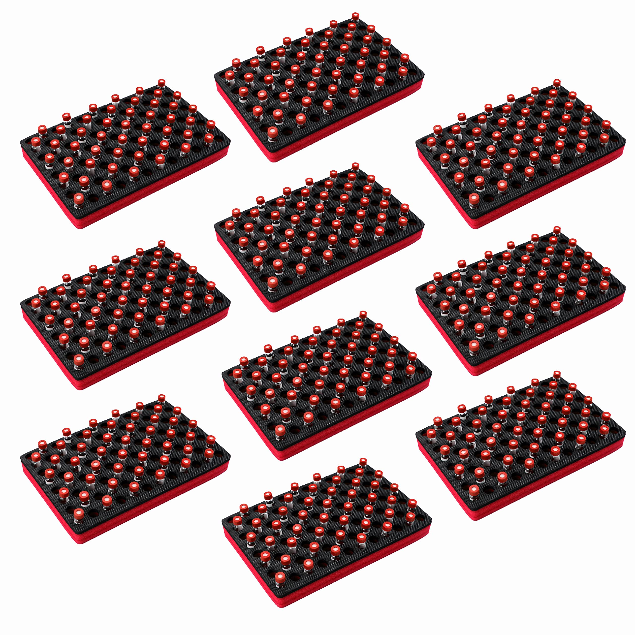 Polar Whale 10 Vial Racks Durable Red and Black Foam Storage Holder Organizer Stand Transport Holds 96 Vials Fits up to 13mm Diameter